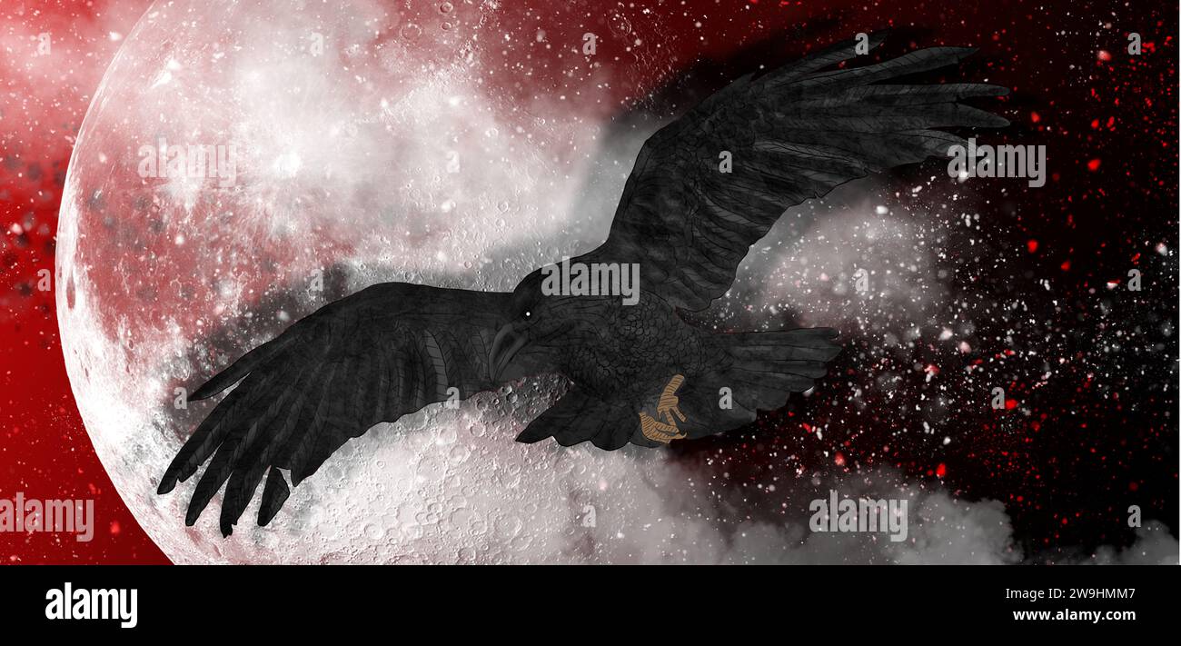 ILLUSTRATION CROW IN RED SKY WITH MOON IN BACKGROUND Stock Photo - Alamy