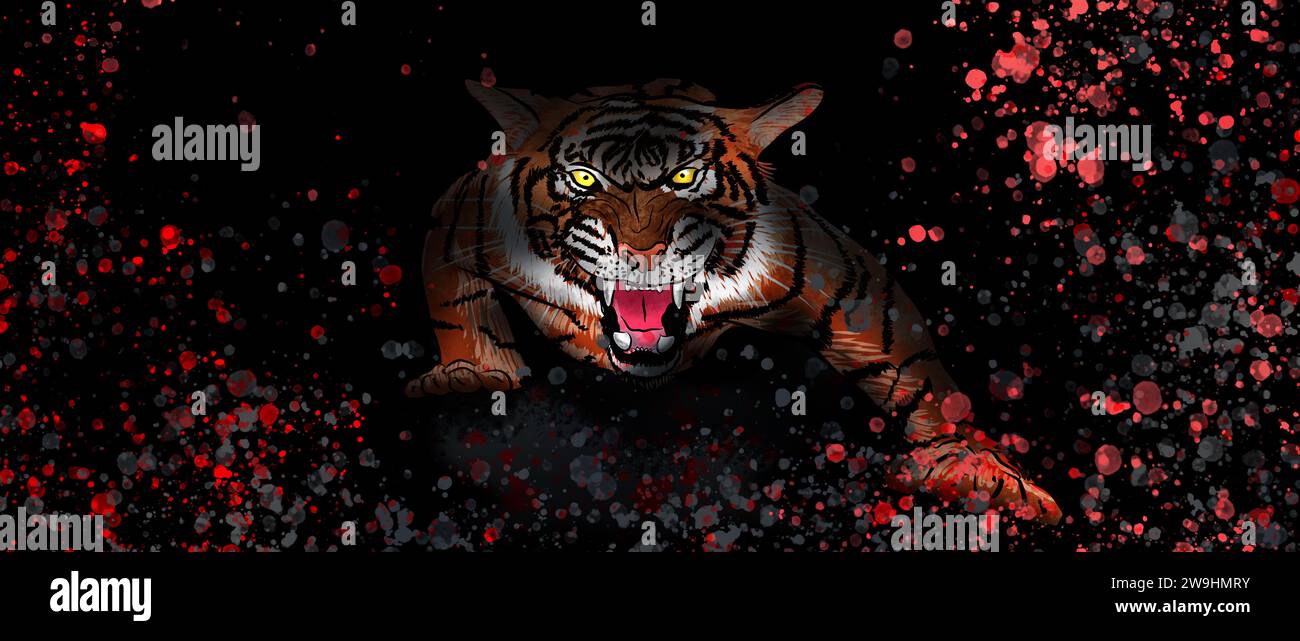 tiger illustration with drops of blood on black background Stock Photo ...