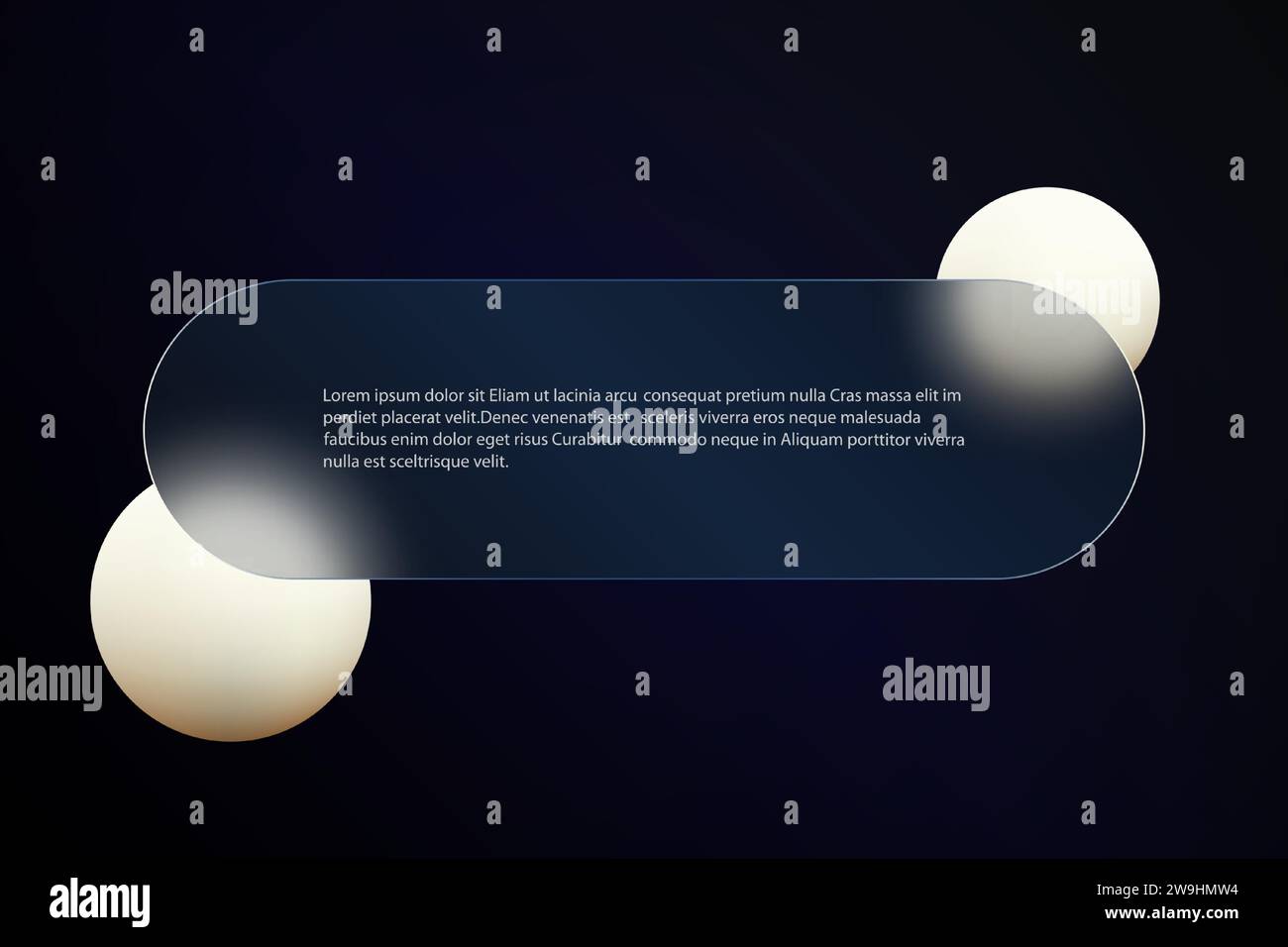 Glass morphism style. Floating blurred spheres with a rectangular transparent banner with ...