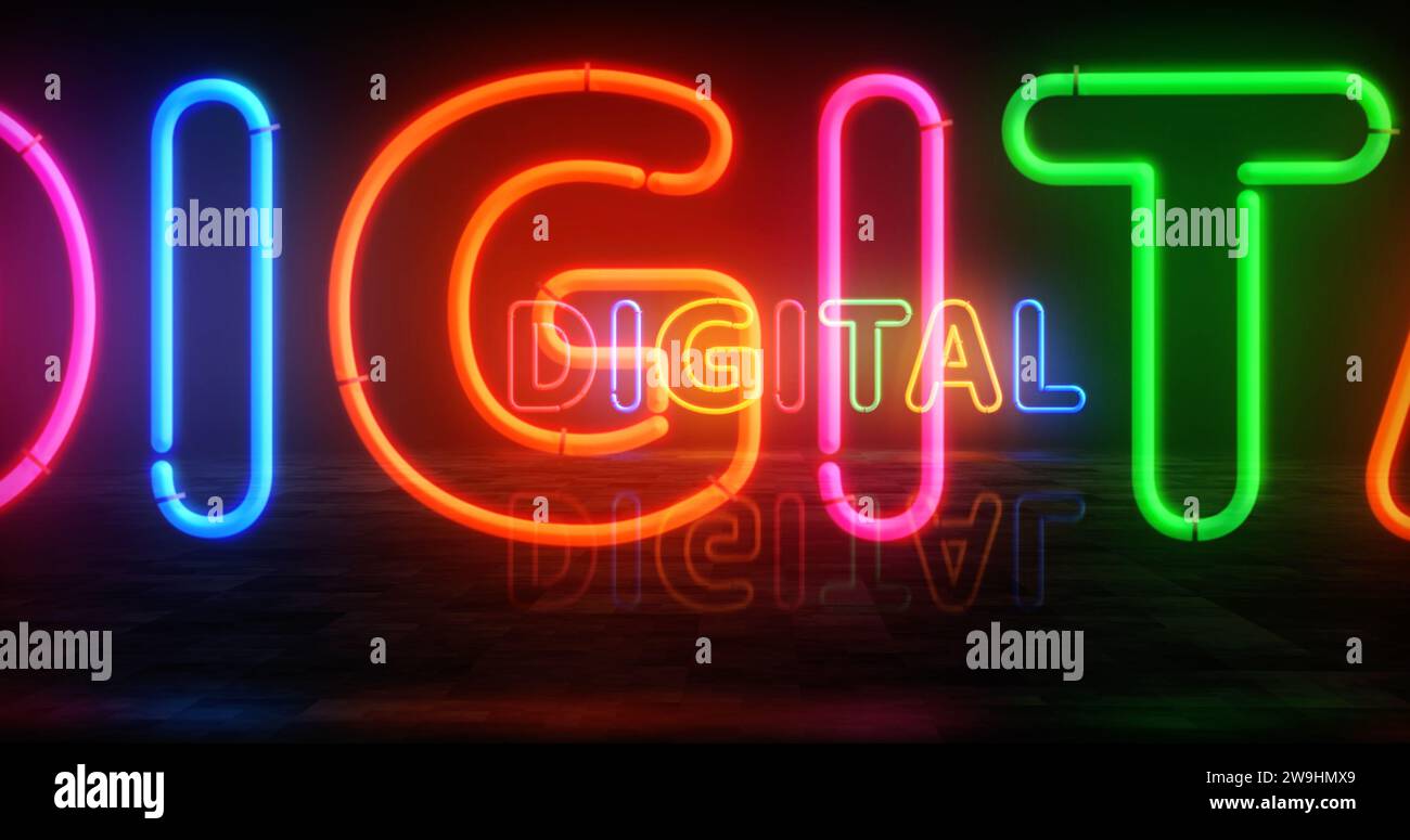 Digital neon symbol. Cyber technology light color bulbs. Abstract ...