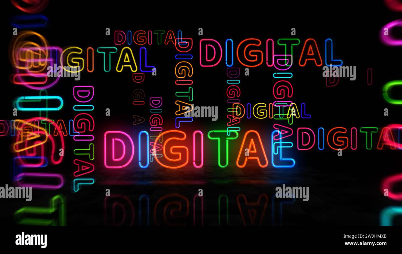 Digital neon symbol. Cyber technology light color bulbs. Abstract ...
