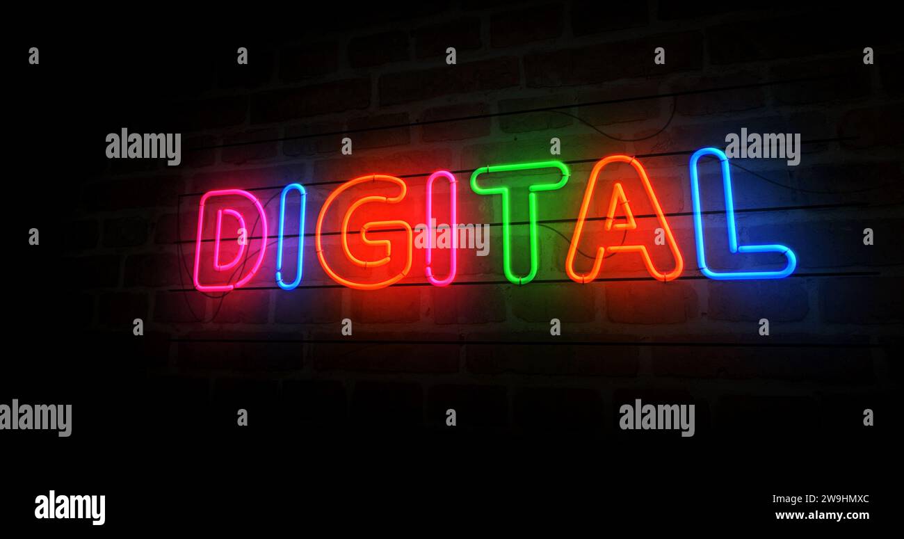 Digital neon symbol. Cyber technology light color bulbs. Abstract ...