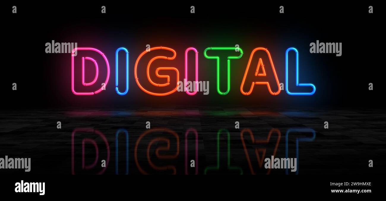 Digital neon symbol. Cyber technology light color bulbs. Abstract ...