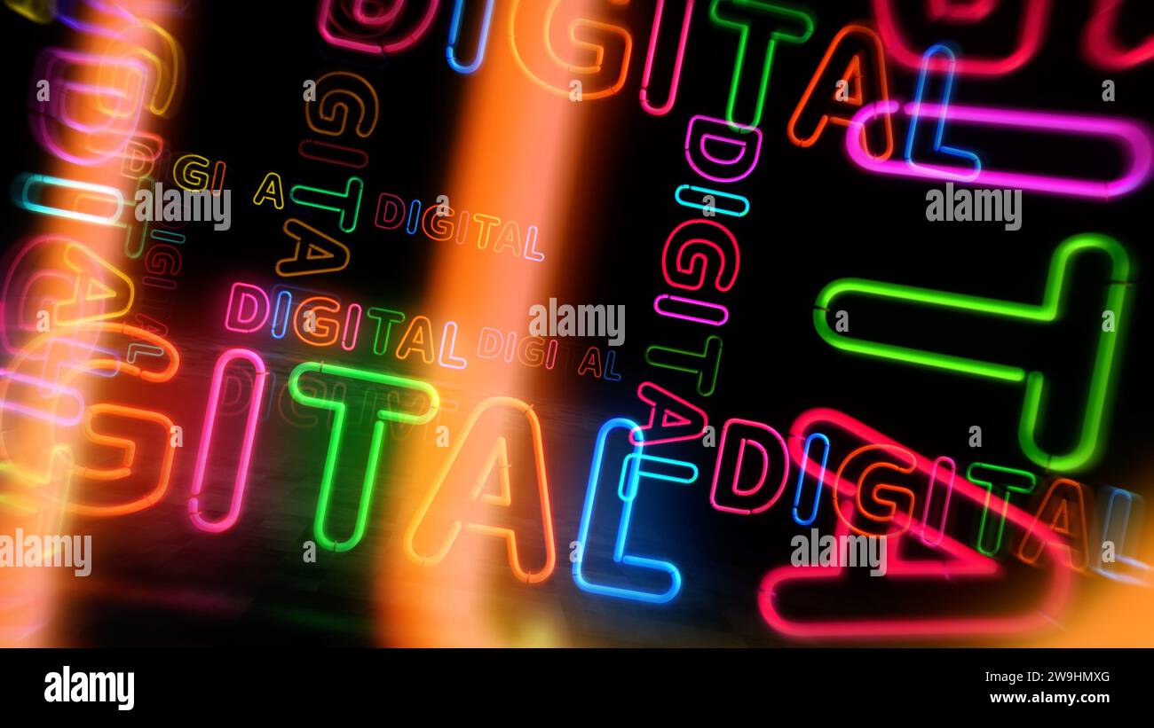 Digital neon symbol. Cyber technology light color bulbs. Abstract ...