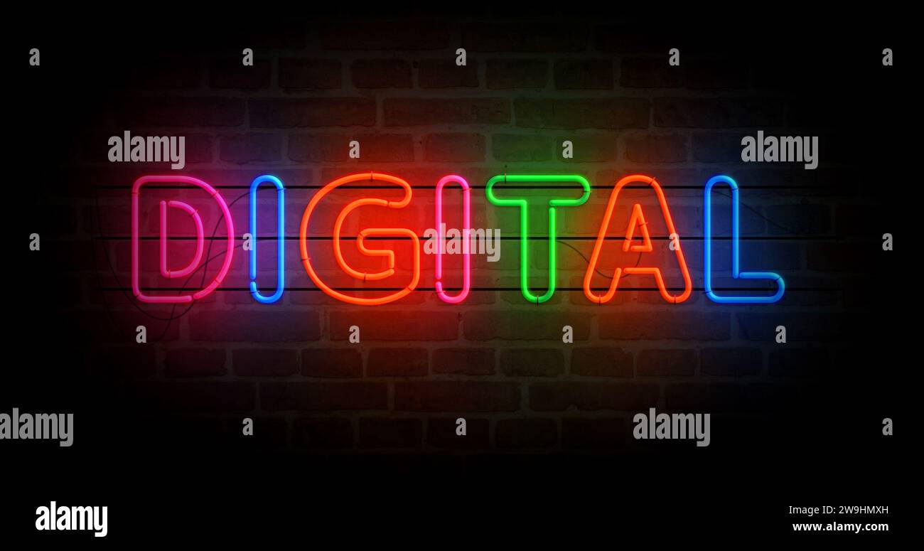 Digital neon symbol. Cyber technology light color bulbs. Abstract ...
