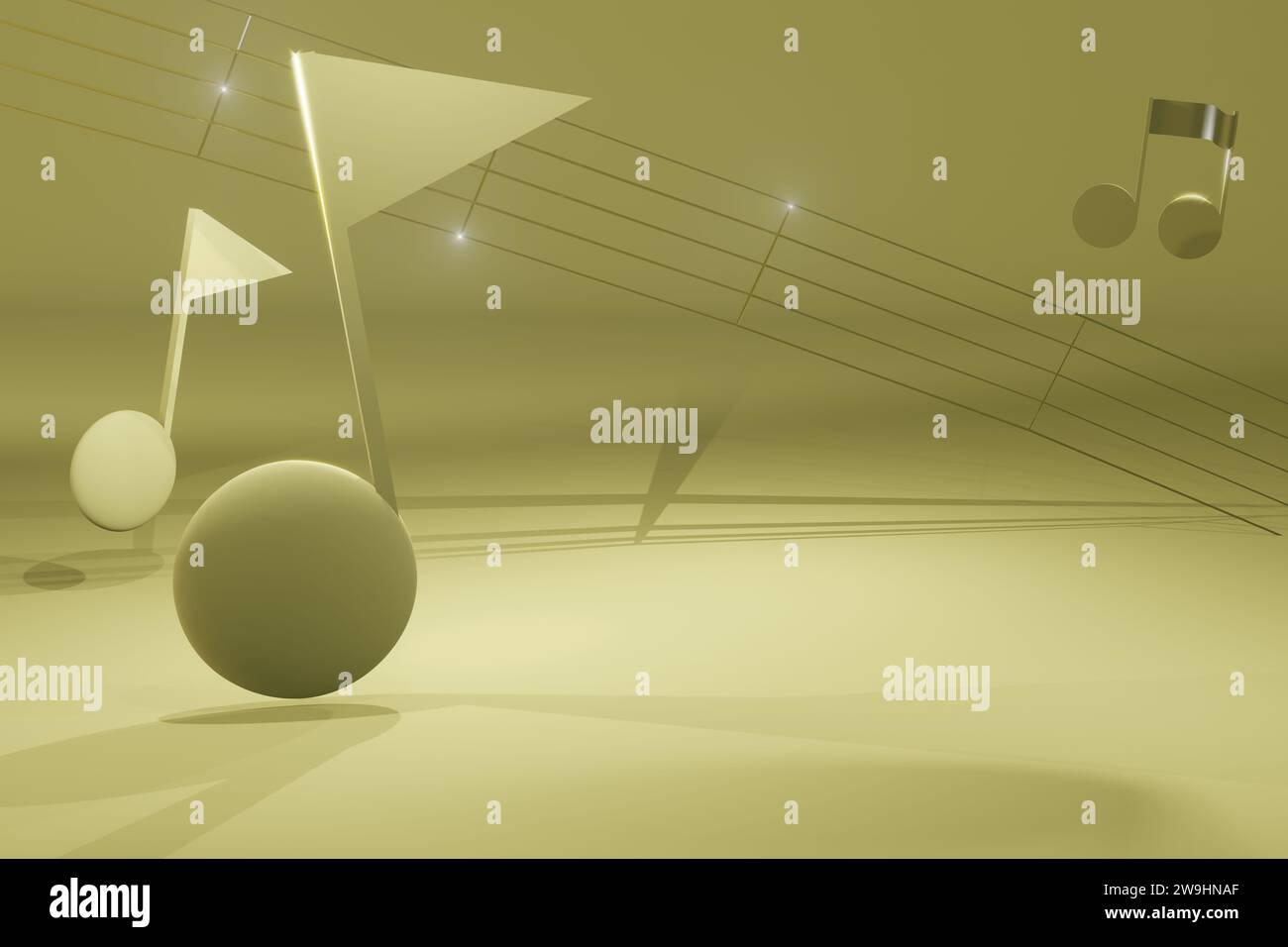 3d render of music notes and staff with shining highlights on a pastel ...