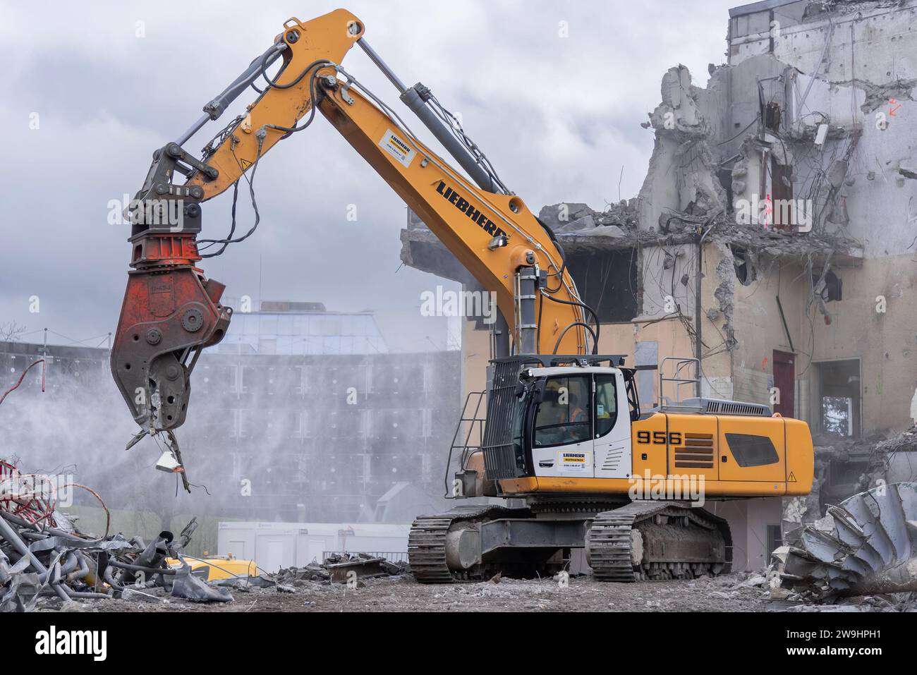Nancy, France - Yellow crawler excavator Liebherr R 956 demolishing a ...