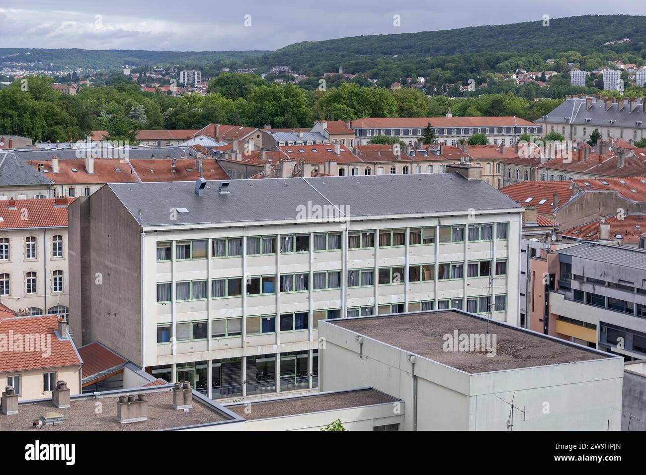 View of Nancy from the Nancy Cathedral with a modern school building ...