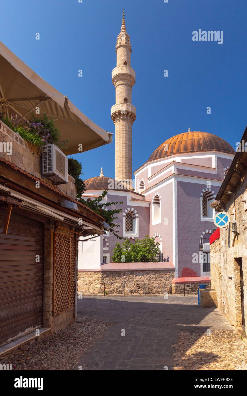 Pink medieval Ottoman Suleiman Mosque in the fortress of Rhodes. Greece ...