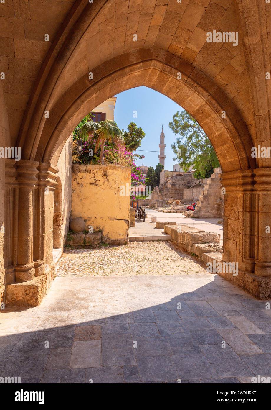 Pink medieval Ottoman Suleiman Mosque in the fortress of Rhodes. Greece ...