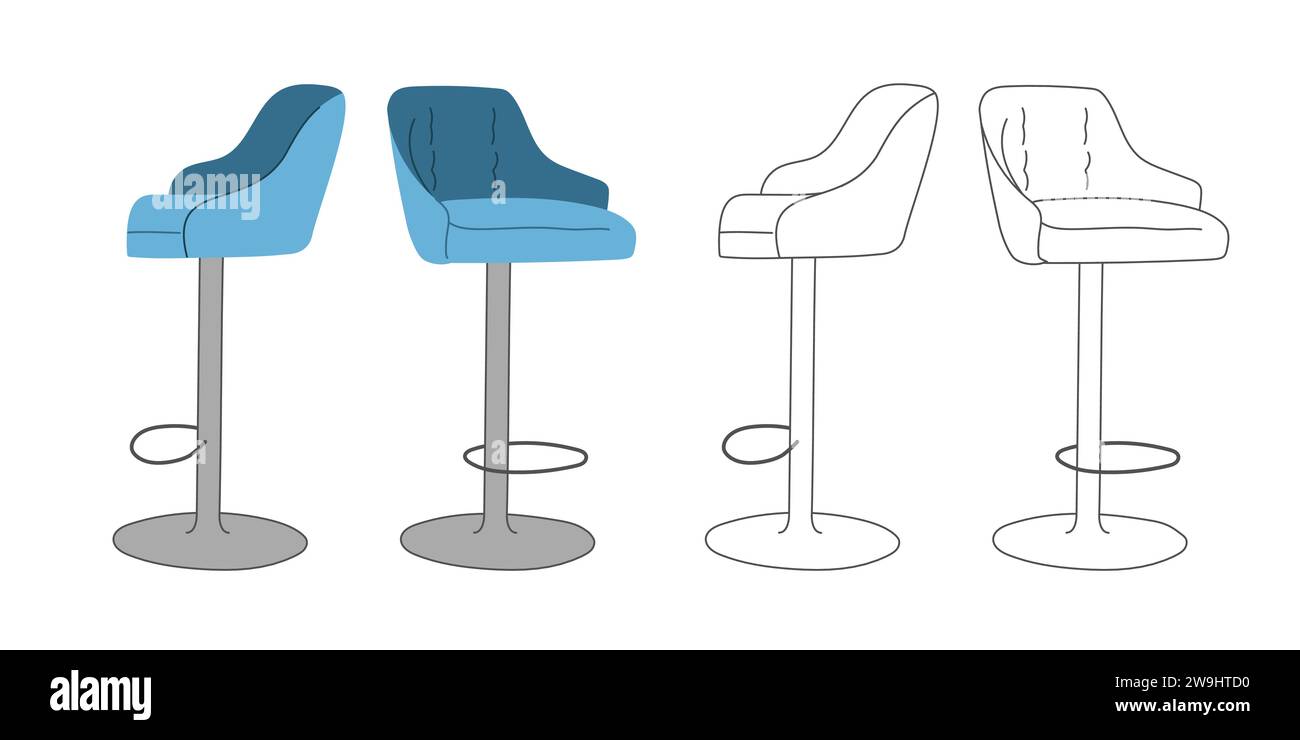 Kitchen or bar highchair on one single metal leg with disk. Blue and ...