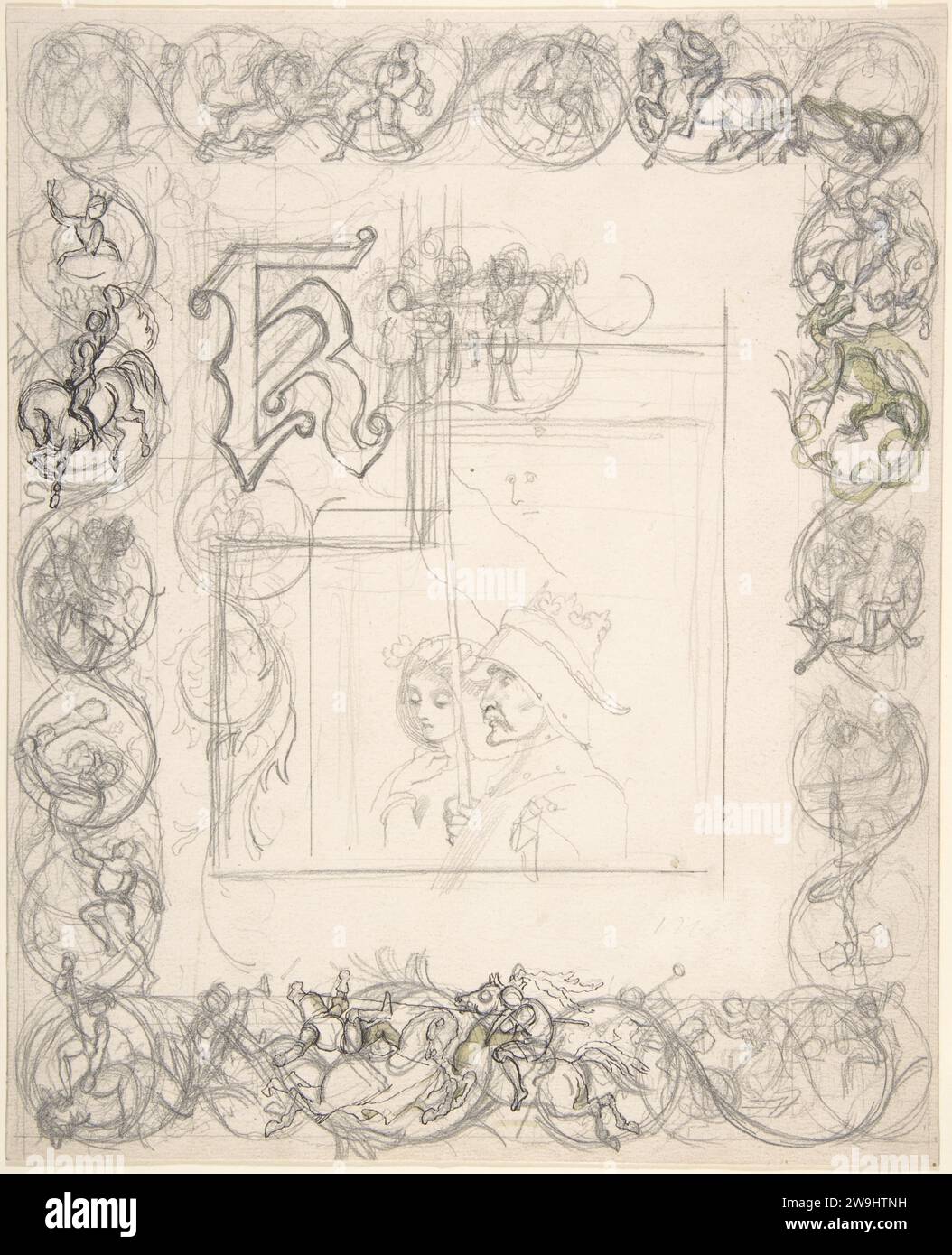 Border design with knights, ladies and dragons (recto); Sketches for ...