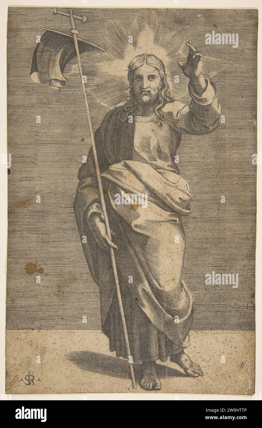 Christ standing facing forward, holding a cross with a banner and ...