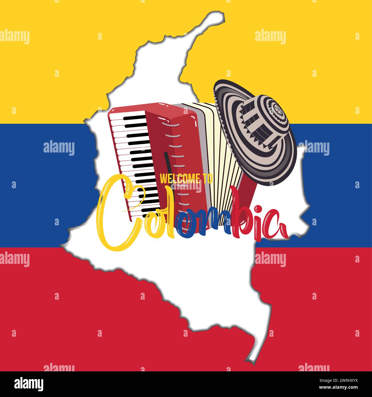 Map of colombia with accordion and traditional hat Travel poster ...