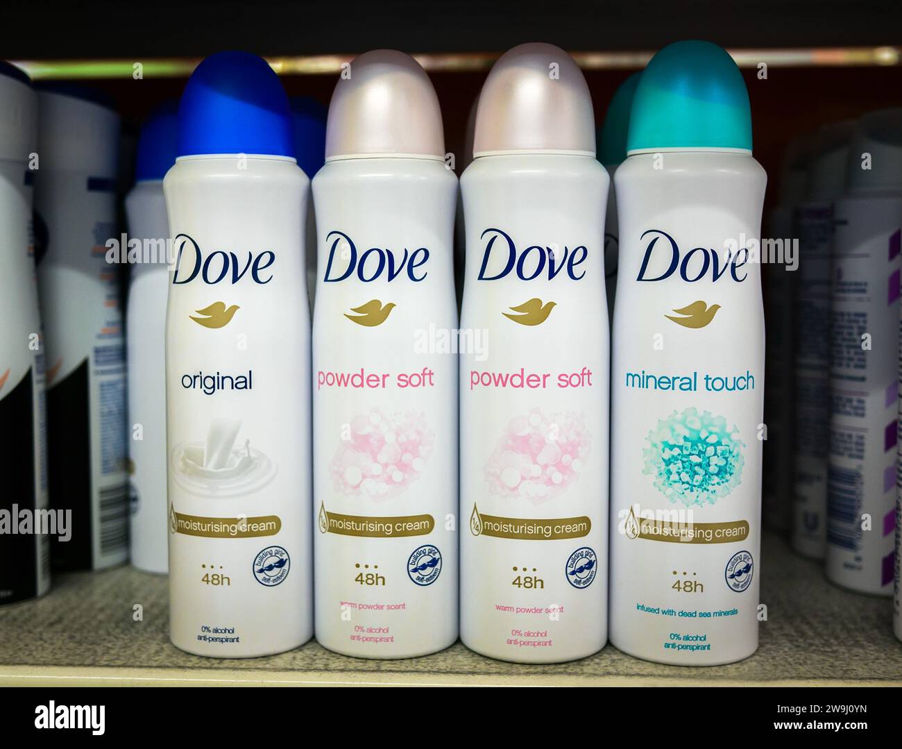 Dove brand products. Dove antiperspirant spray on the store shelf Stock ...