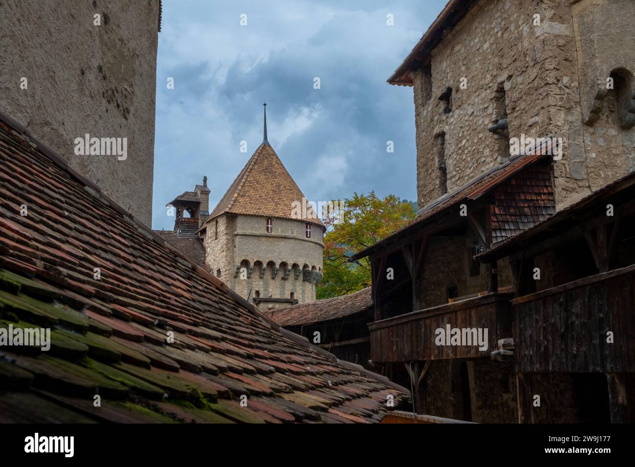 Heavy wooden and stone structure of Chillon Castle Stock Photo - Alamy