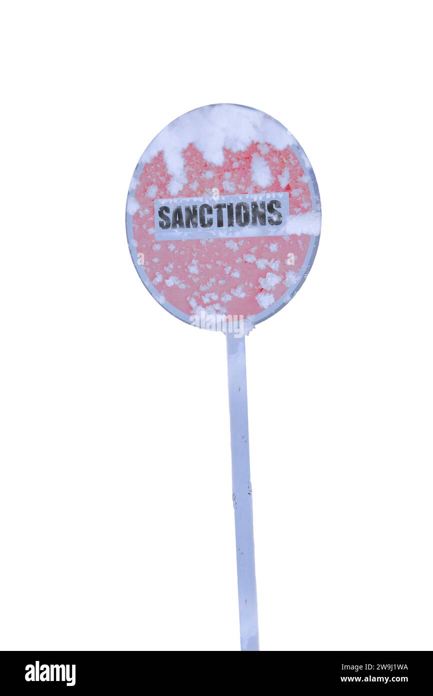 Frozen and snow covered road warning sign white background with ...