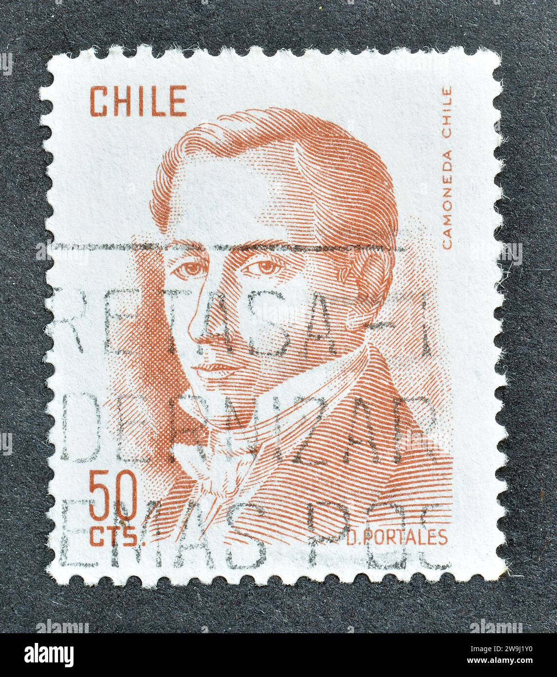 Cancelled postage stamp printed by Chile, that shows portrait of Diego ...