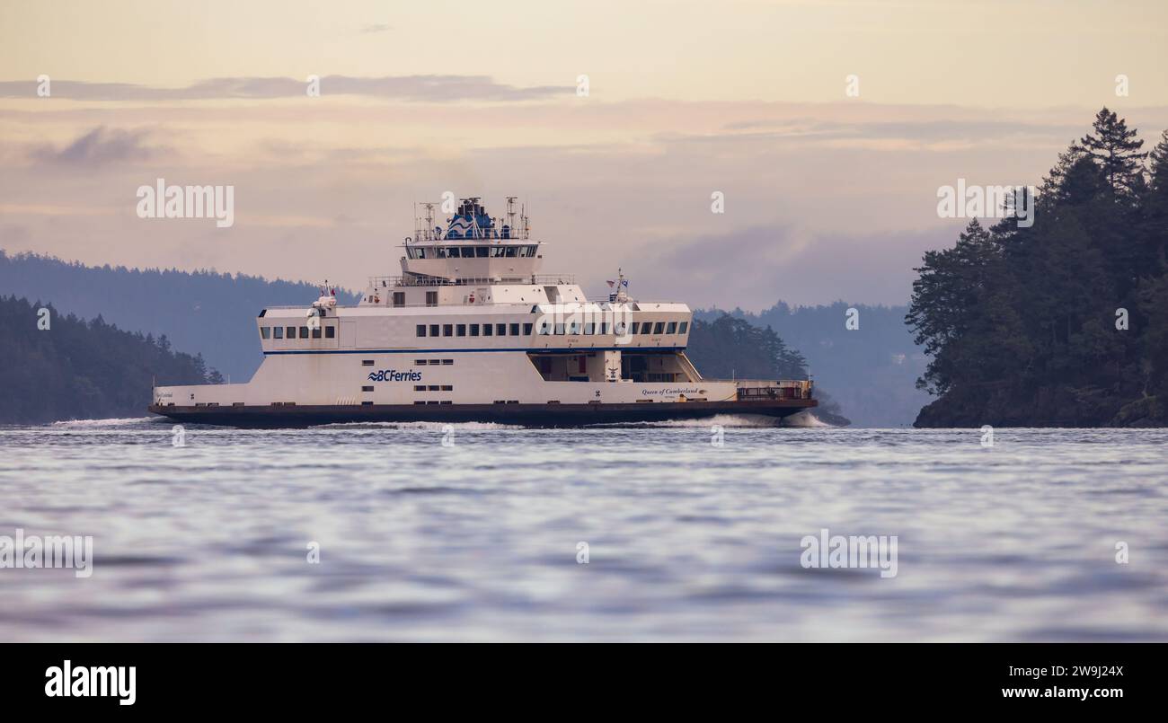 BC Ferries Boat near the Terminal in Swartz Bay during cloudy morning ...