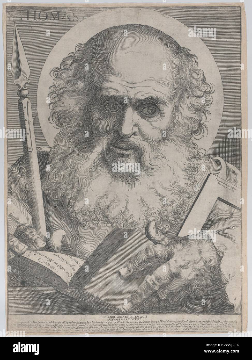Saint Thomas, with a lance in a right hand and a book and square in his ...