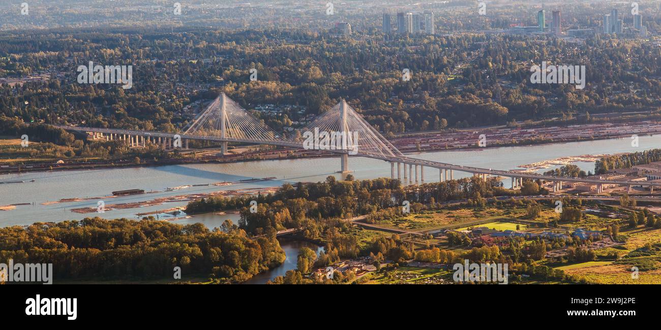 Port Mann Bridge over Fraser River. Vancouver, BC, Canada. Aerial Stock ...