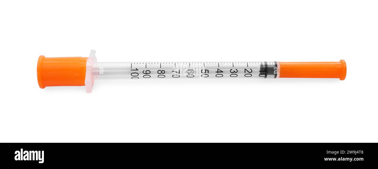 New medical insulin syringe isolated on white, top view Stock Photo - Alamy