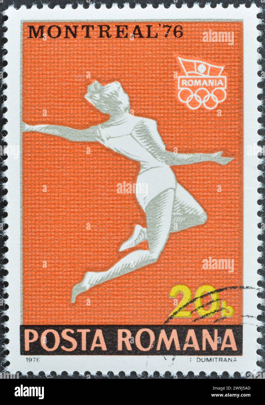 Cancelled postage stamp printed by Romania, that shows Long jump ...