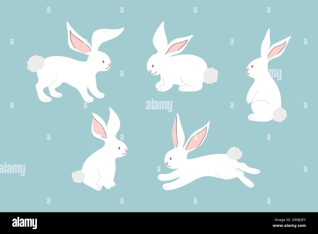 Set of cute white rabbits in different poses. Hand drawn cartoon bunny ...