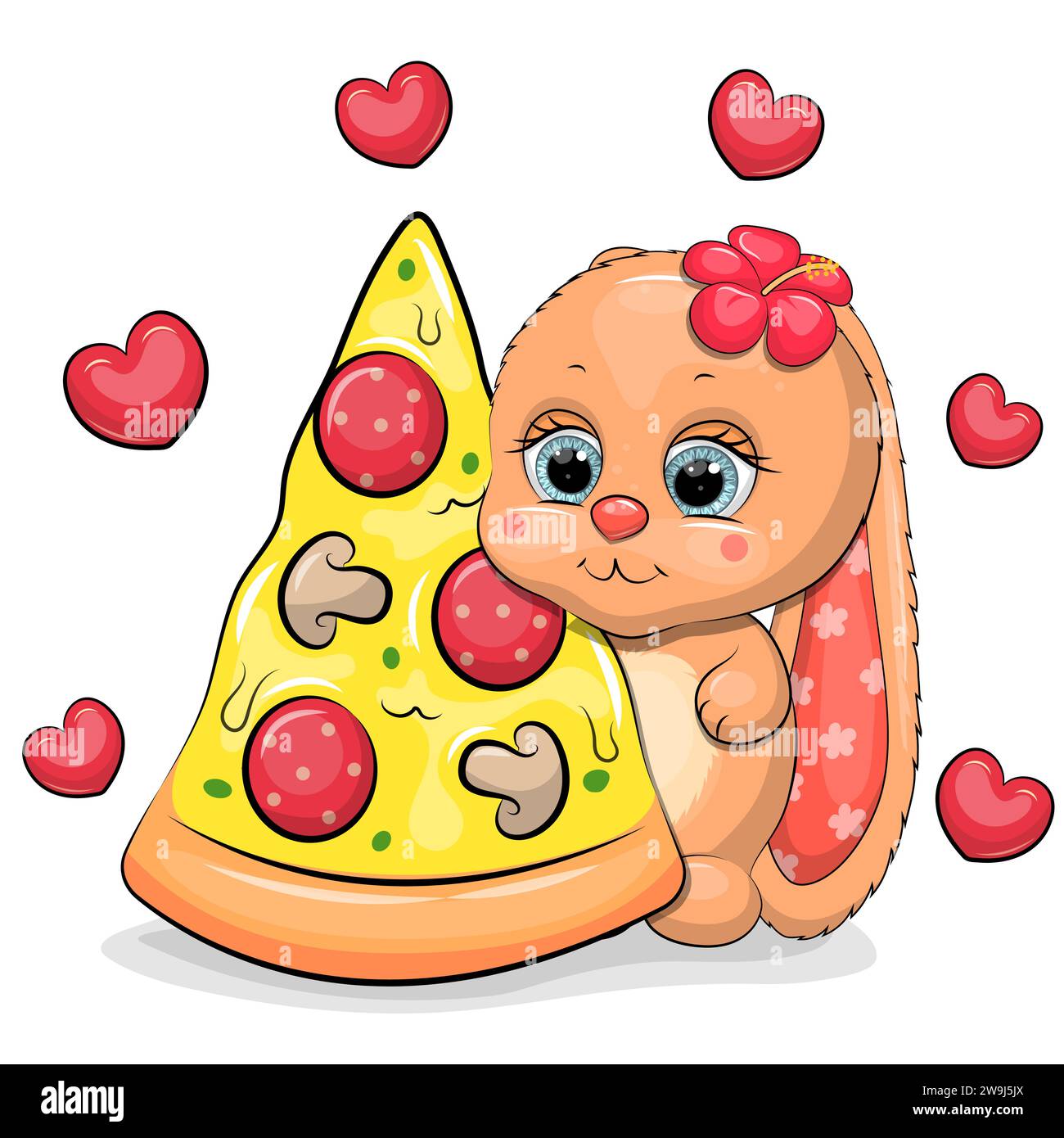 Cute cartoon rabbit with a big piece of pizza. Vector illustration of ...