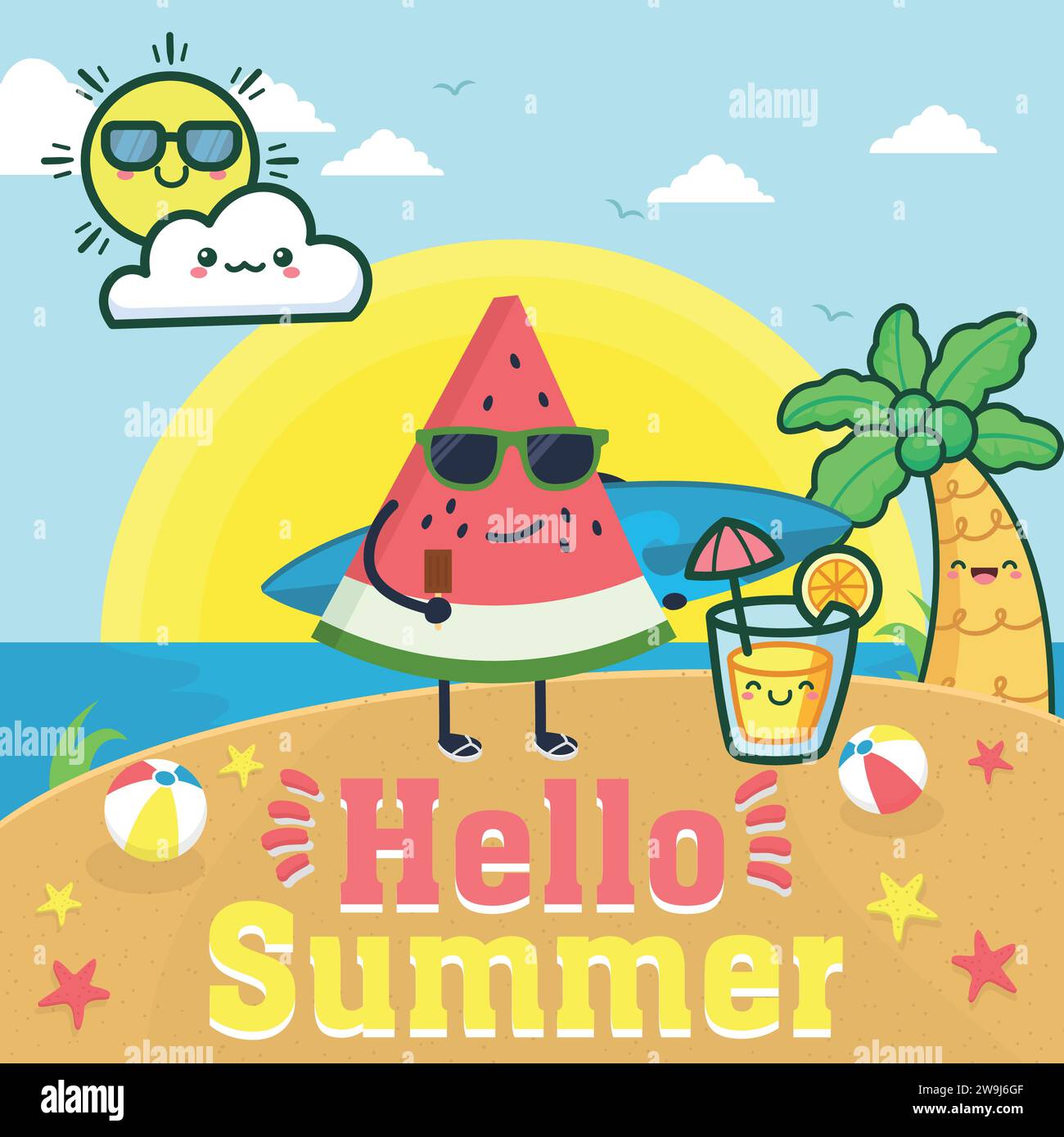 Hello summer lettering with watermelon character on the beach. Vector ...