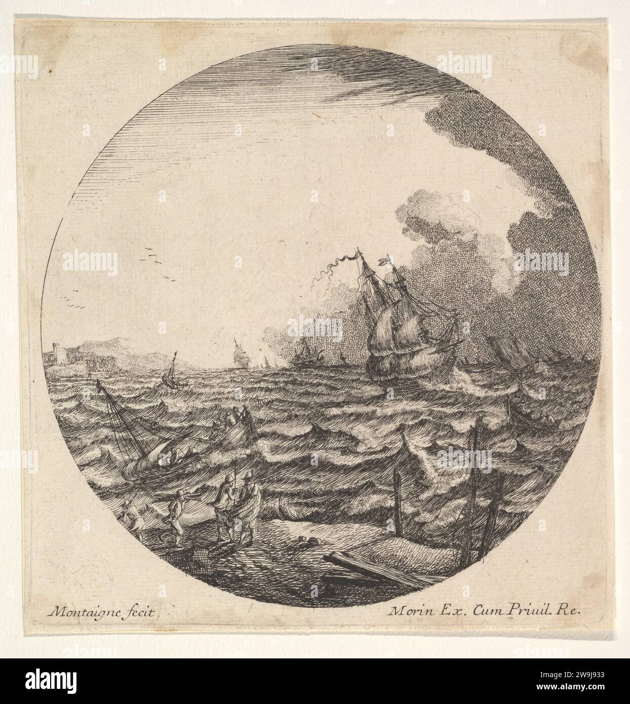 Tempest in a roundel composition, at left waves toss a small ship ...