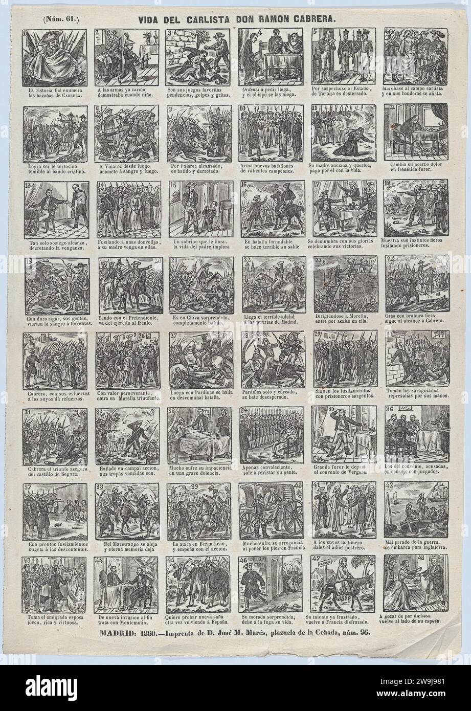 Broadside with 48 scenes relating to life of the Carlist general of ...