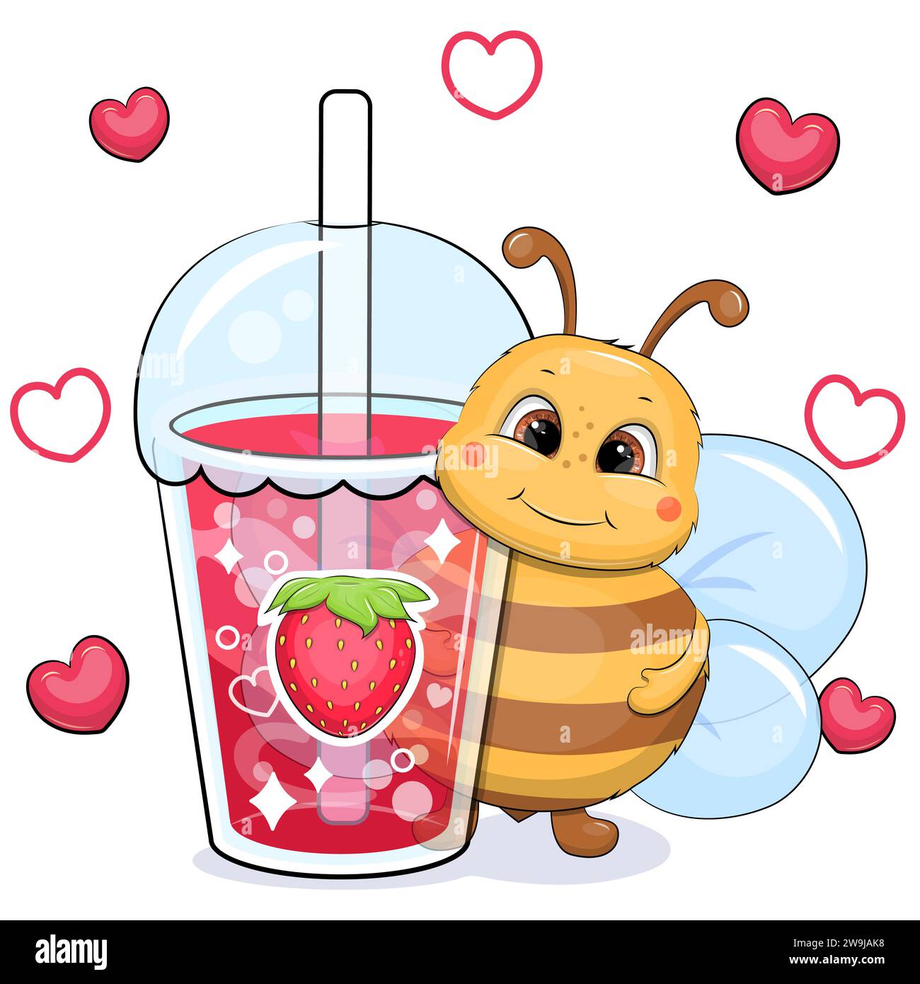 Cute cartoon bee with a big strawberry drink. Vector illustration of ...