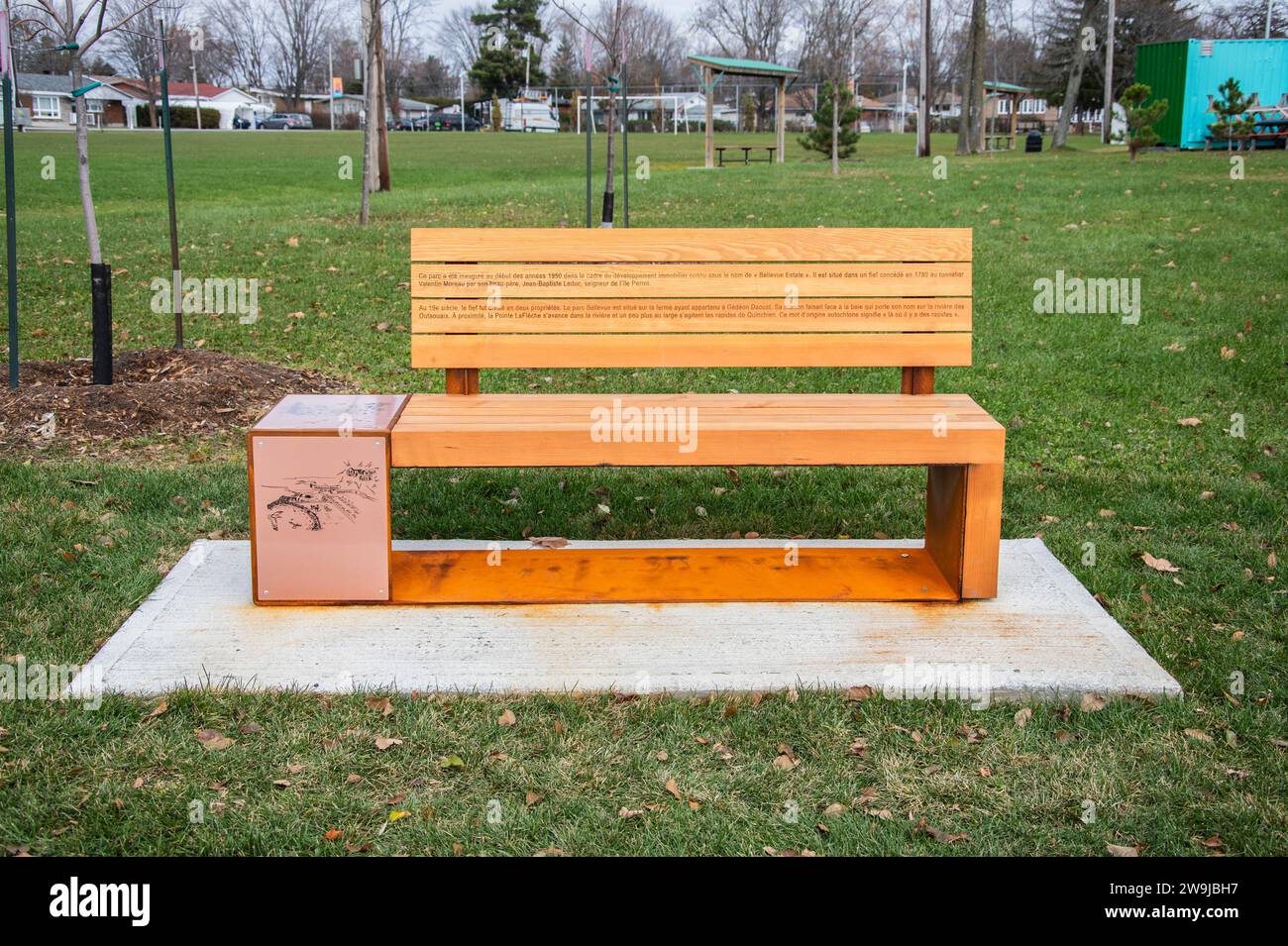 Artistic wooden bench with drawing of Bellevue Park in Pincourt, Quebec ...