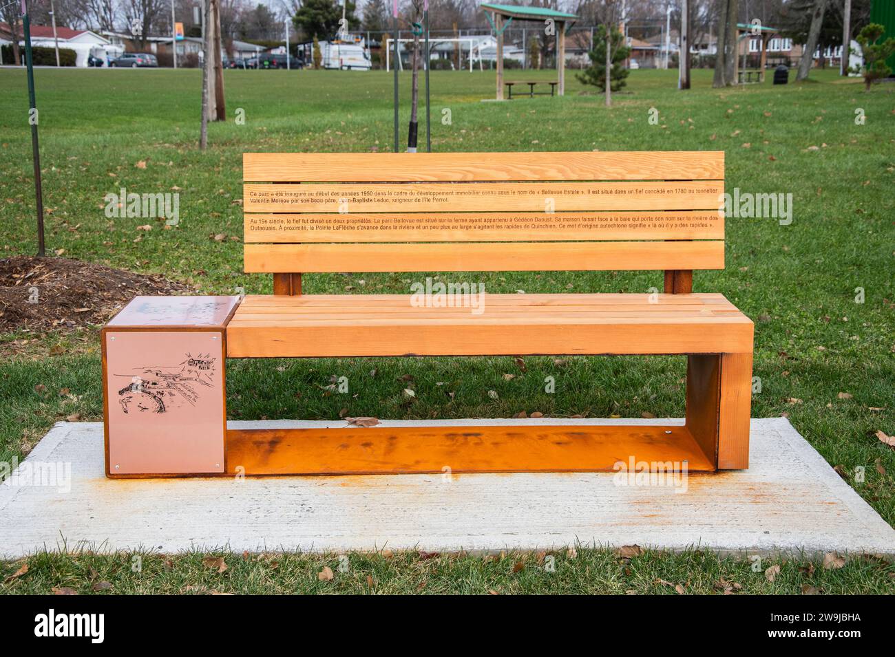 Artistic wooden bench with drawing of Bellevue Park in Pincourt, Quebec ...