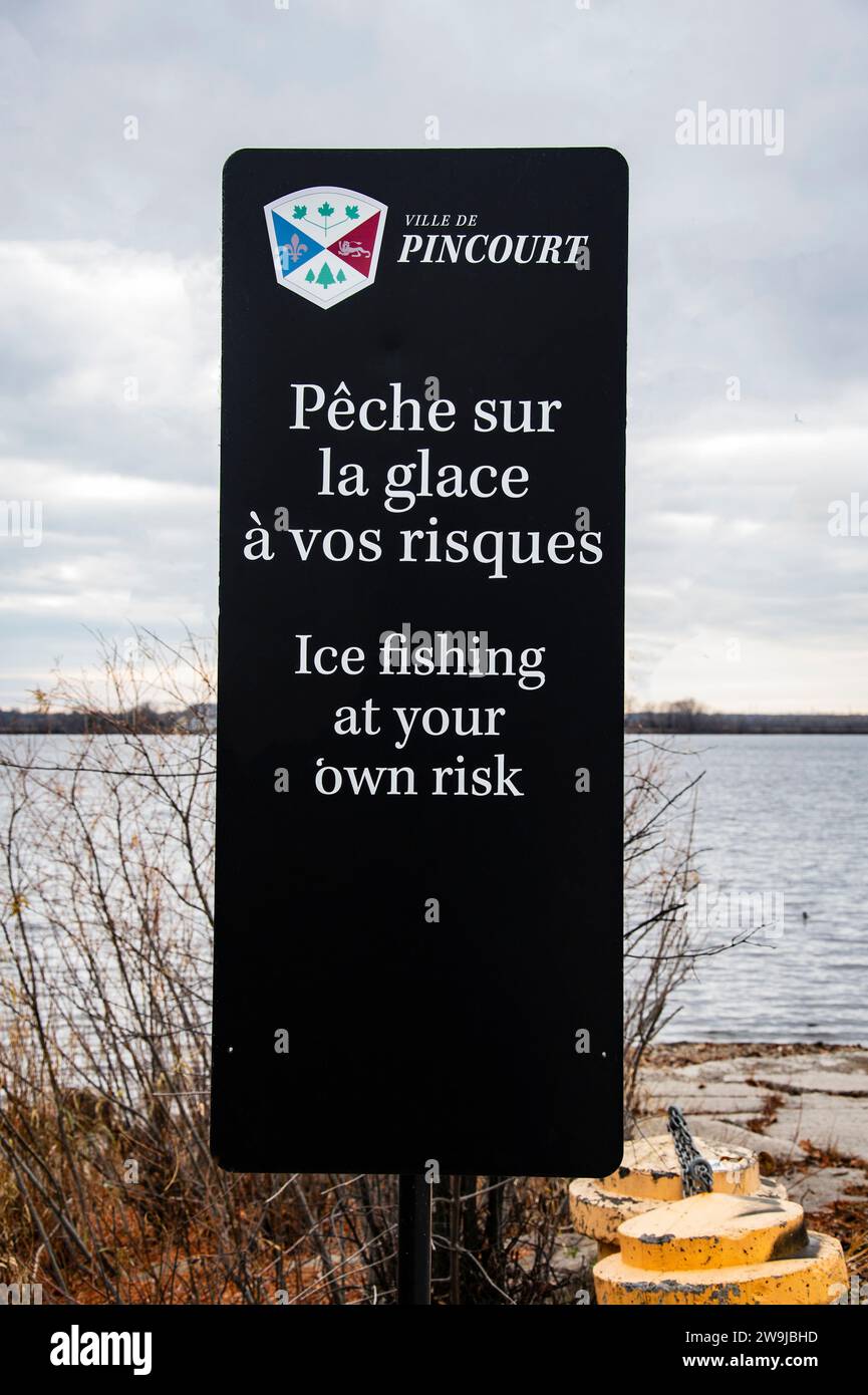 Ice fishing at your own risk sign at Bellevue Park in Pincourt, Quebec ...
