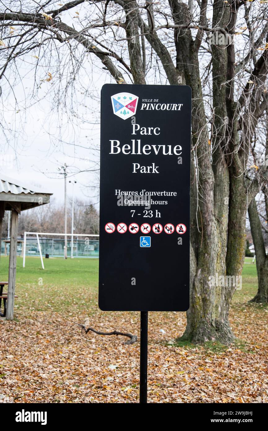 Opening hours sign at Bellevue Park in Pincourt, Quebec, Canada Stock ...
