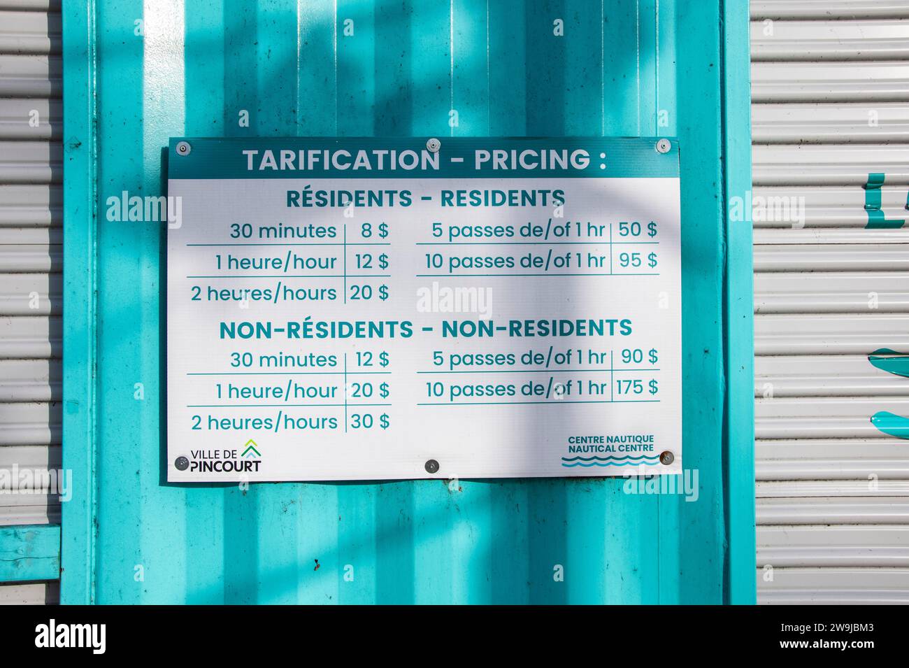 Nautical centre boat rental pricing sign at Bellevue Park in Pincourt ...