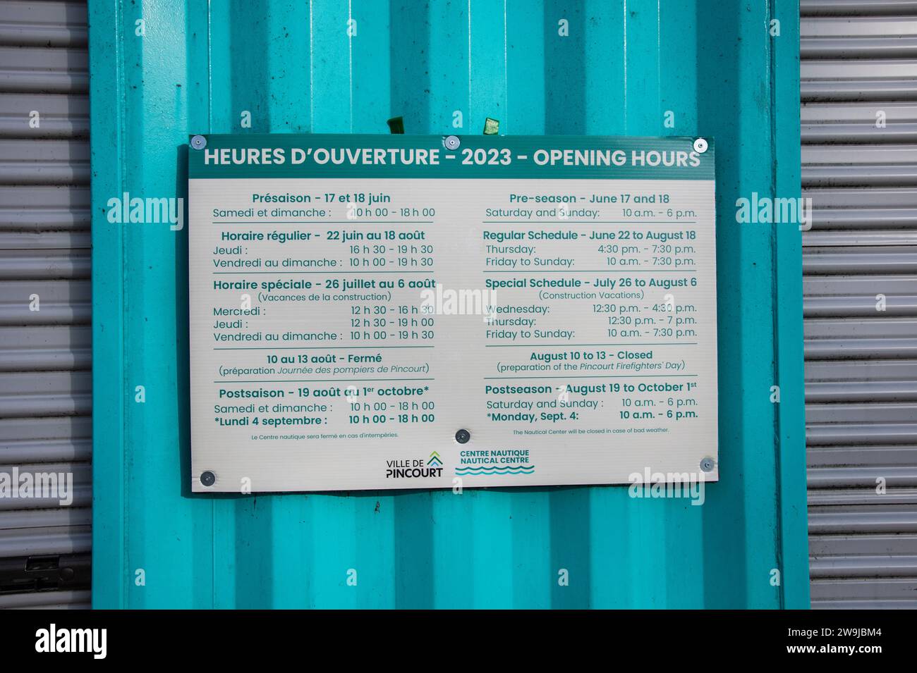 Nautical centre hours of operation sign at Bellevue Park in Pincourt ...