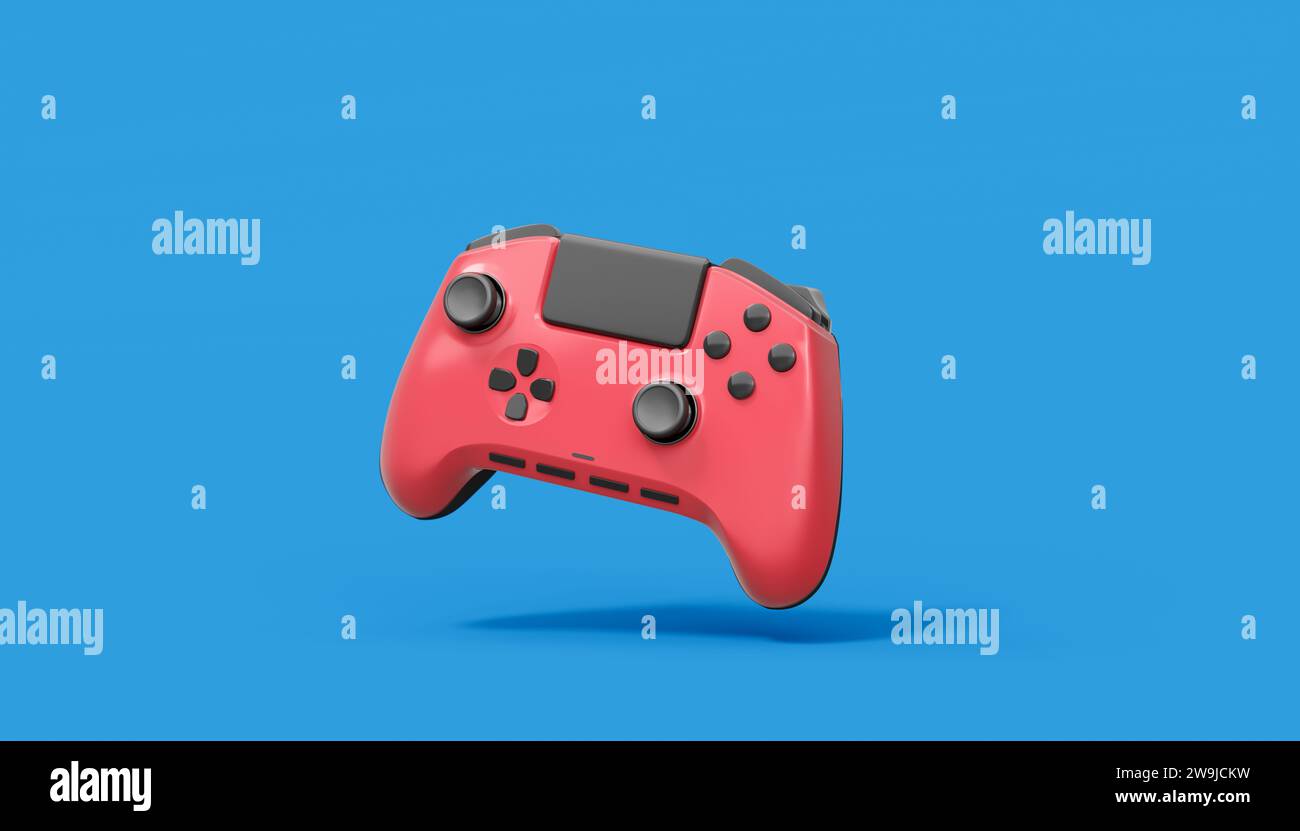 Realistic red video game joysticks or gamepads on blue background. 3D ...