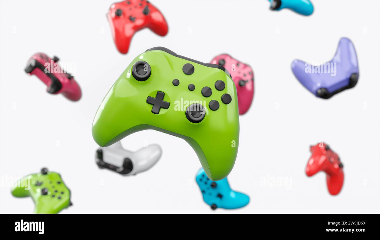 Realistic black video game joysticks or gamepads rotating and falling ...