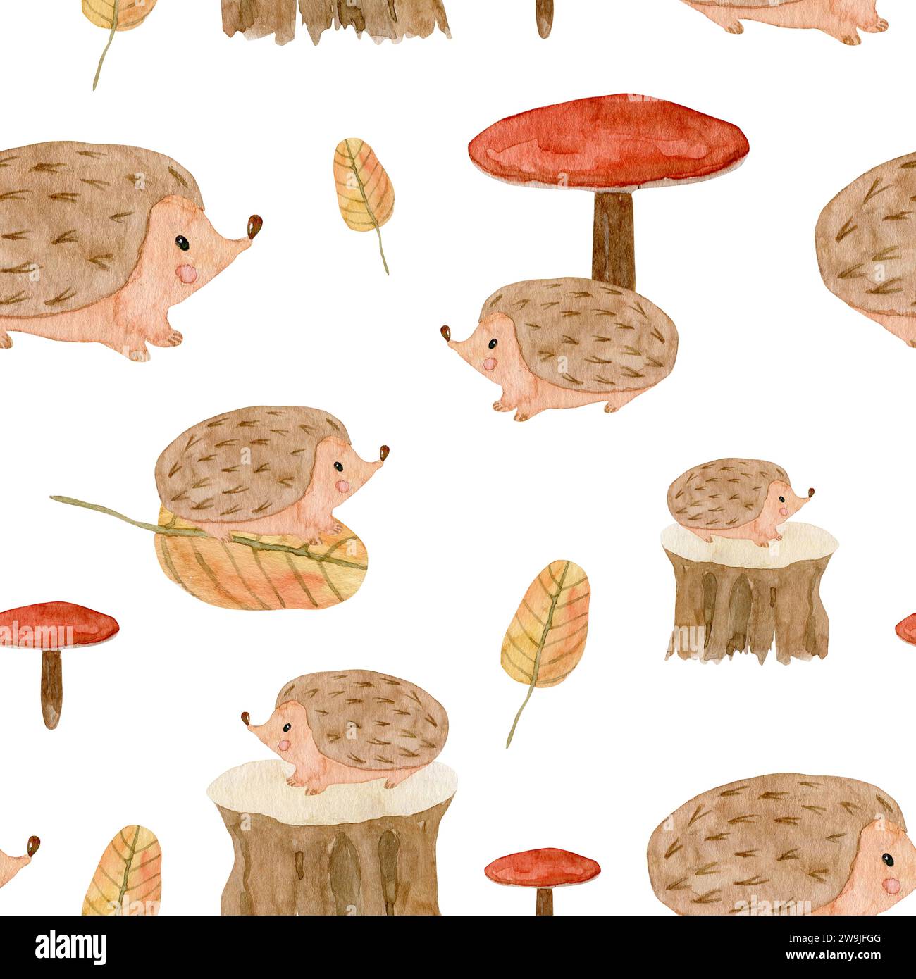 Watercolor seamless pattern with hedgehog, mushrooms and leaves. Hand ...