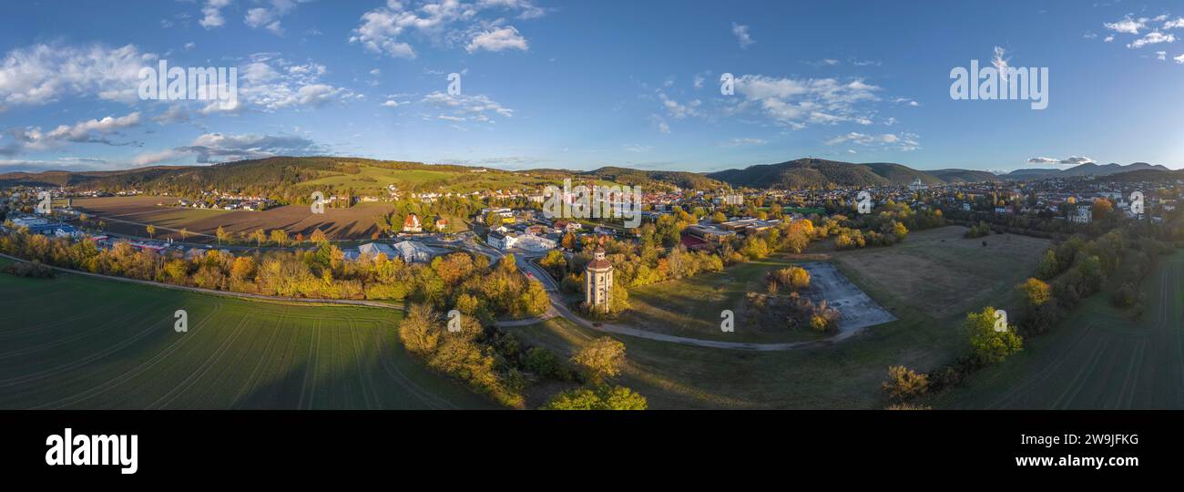 Aerial view of the water tower and villages of Pottenstein and Berndorf ...