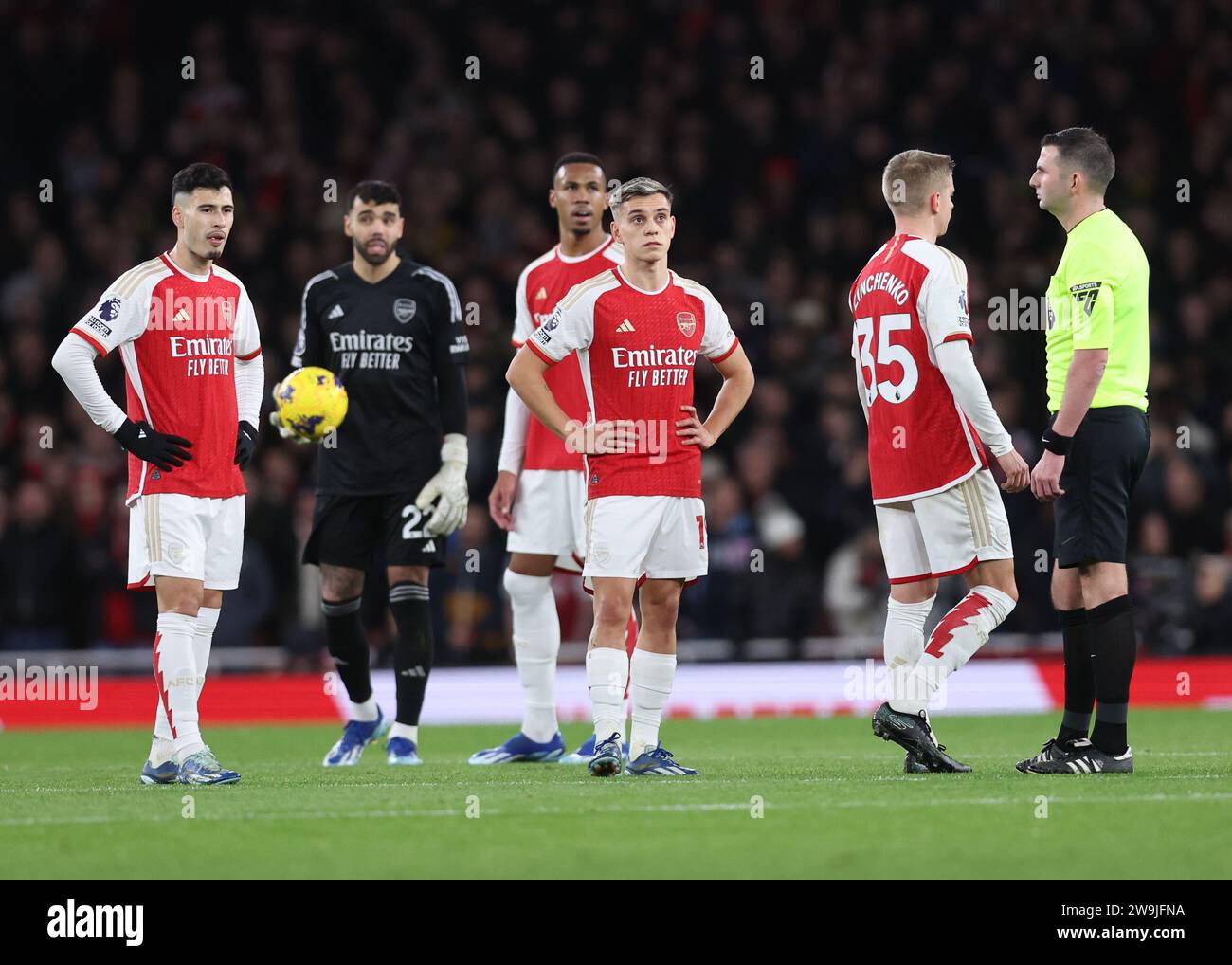 London, UK. 28th Dec, 2023. Arsenal players wait for the VAR decision ...