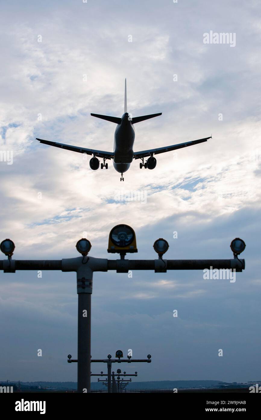 Landing passenger aircraft, runway lighting, Stuttgart-Echterdingen ...