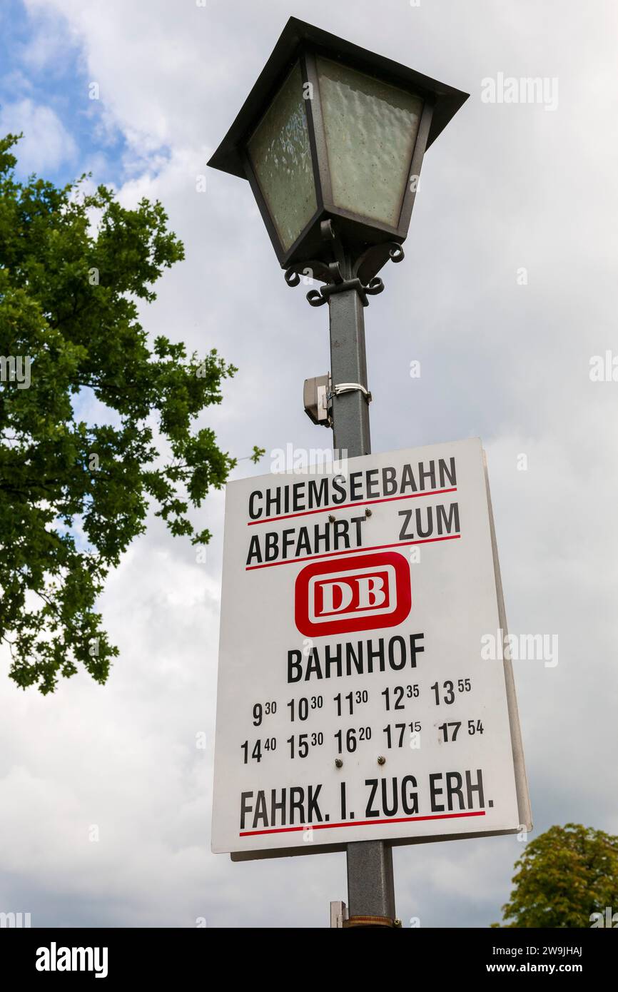 Signpost, Chiemsee railway on Lake Chiemsee, Chiemgau, Upper Bavaria ...