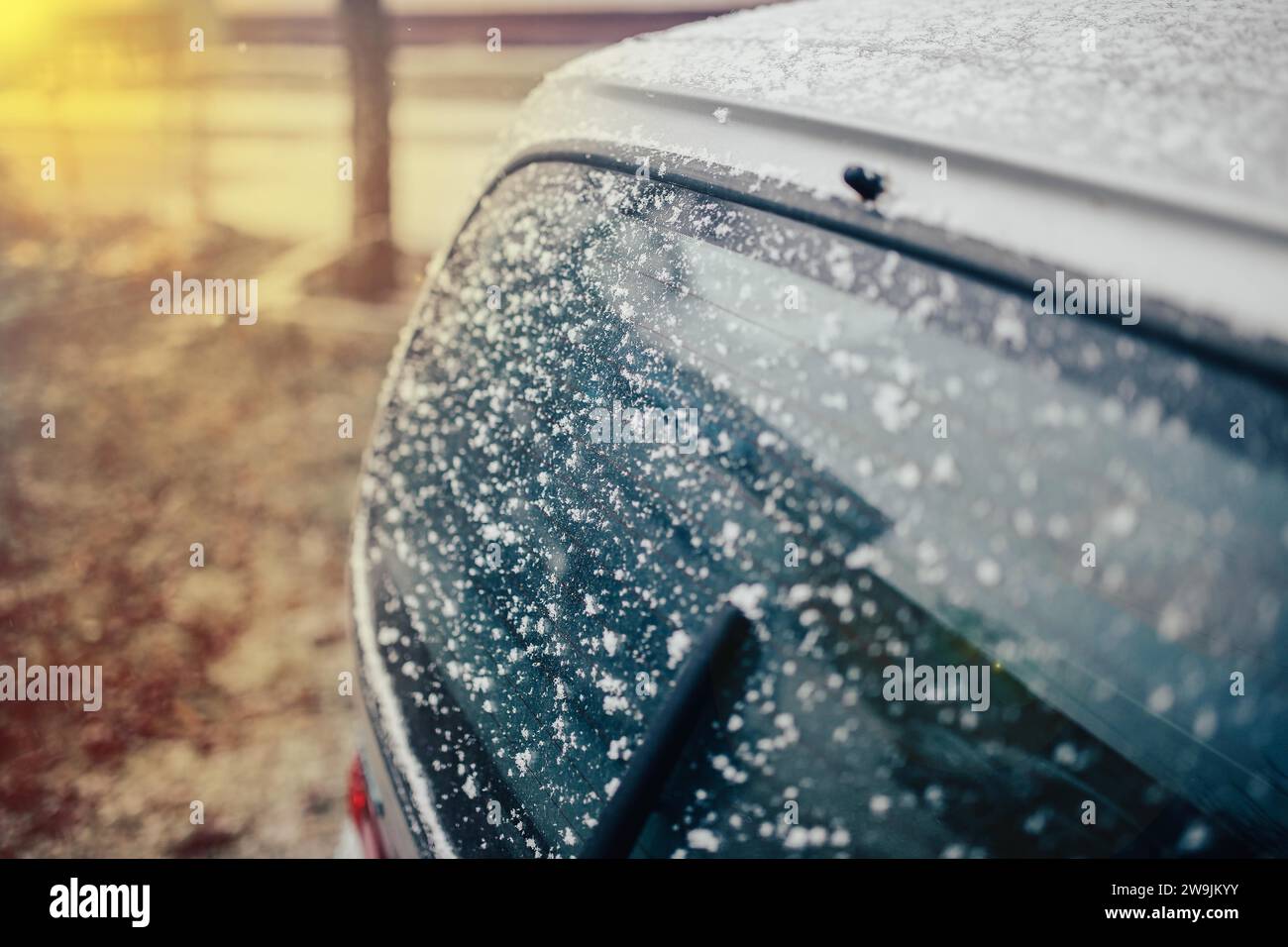 Snow on the car body, winter driving concept, car repair Stock Photo ...