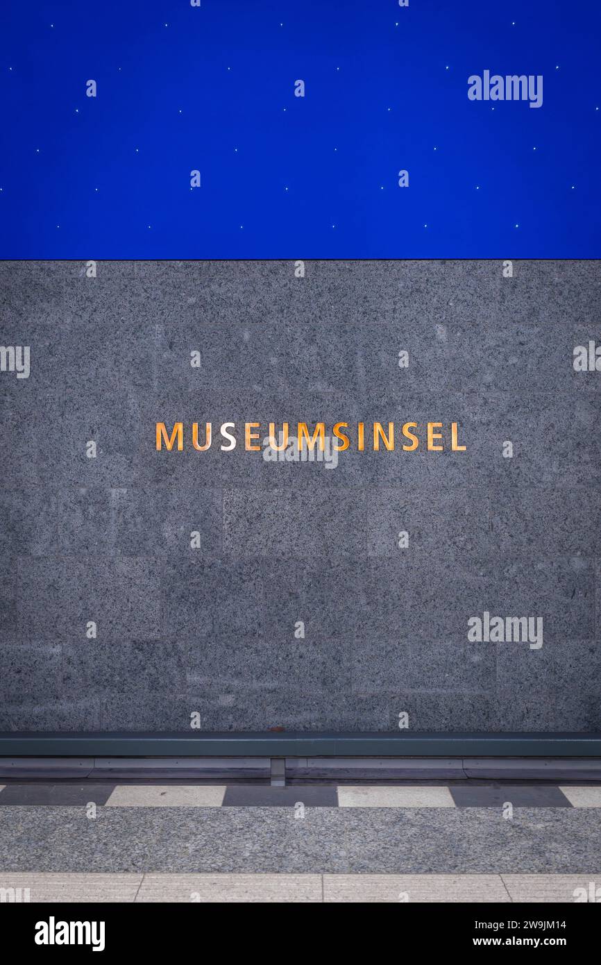 Golden lettering 'Museum Island' on a grey background in a railway ...