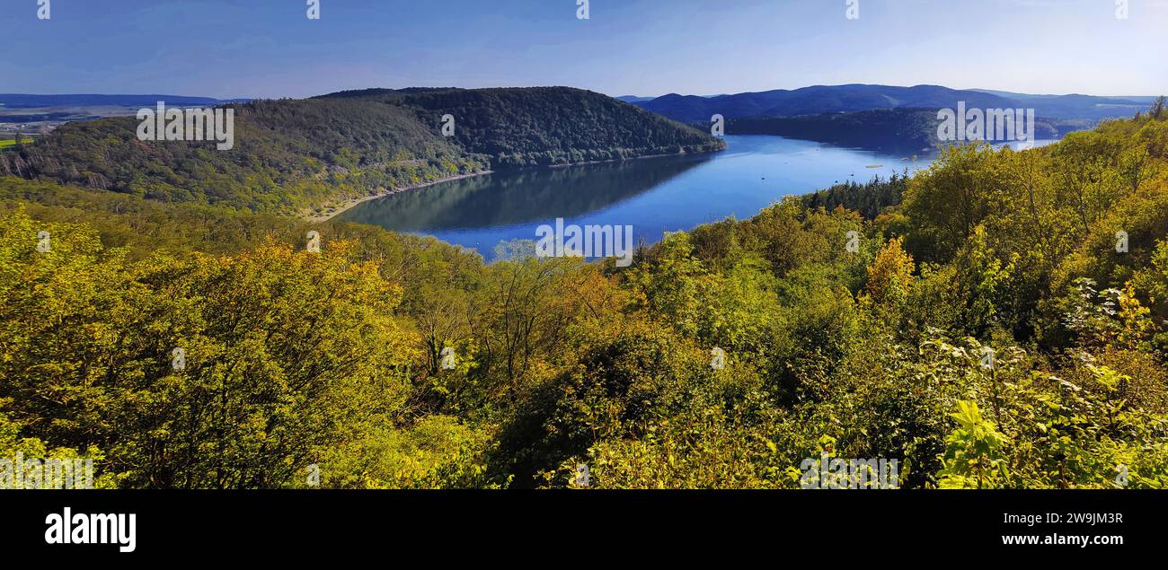 Elevated panoramic view of the Edertalsperre and wide view of the ...