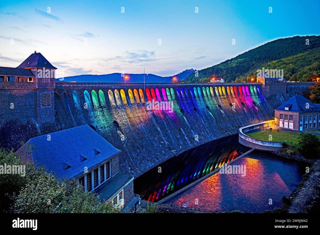The Edersee dam wall illuminated by LED spotlights holds the German ...